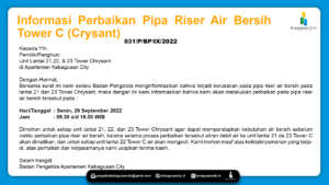 Perbaikan Pipa Riser Air Bersih Tower C (Chrysant) – Kebagusan City